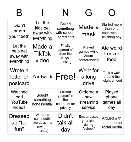 Quarantine Bingo Card
