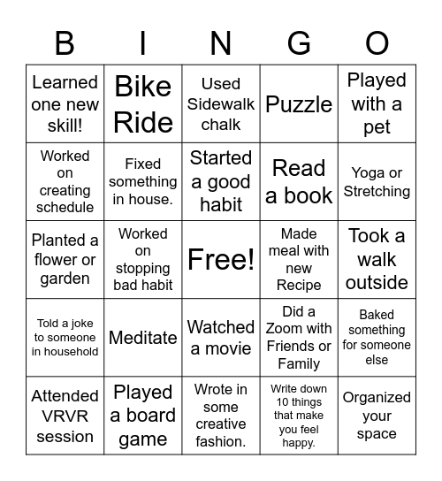 VRVR Self Care Bingo Card
