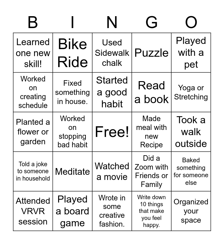 VRVR Self Care Bingo Card