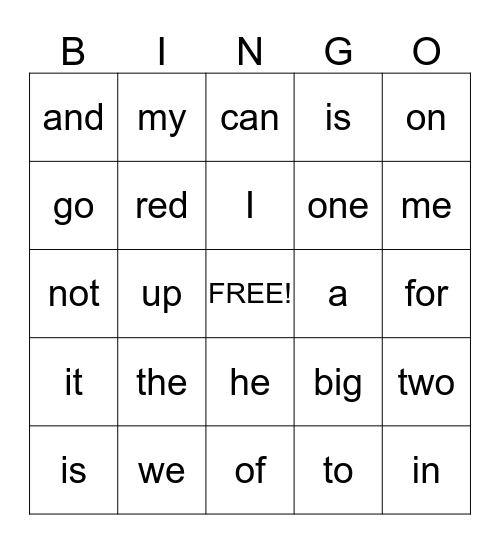 Dolch Sight Words Bingo Card
