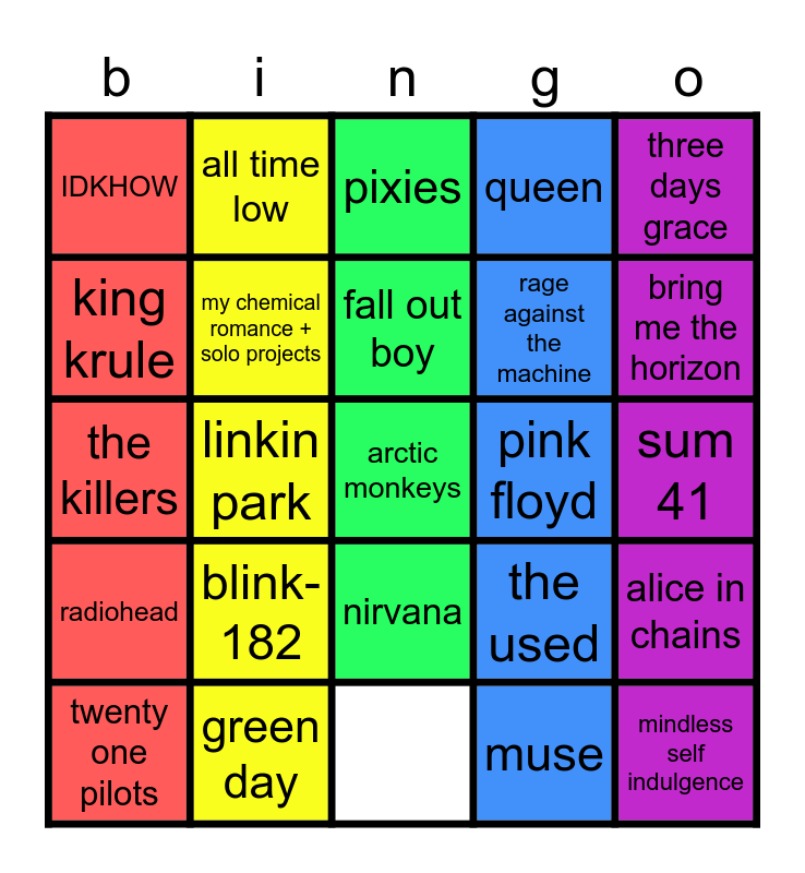 Shrugs' Cringe Music & Fail Bands Bingo Card