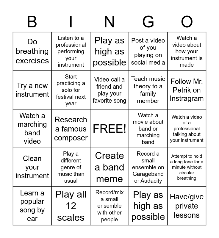 Band Bingo Card