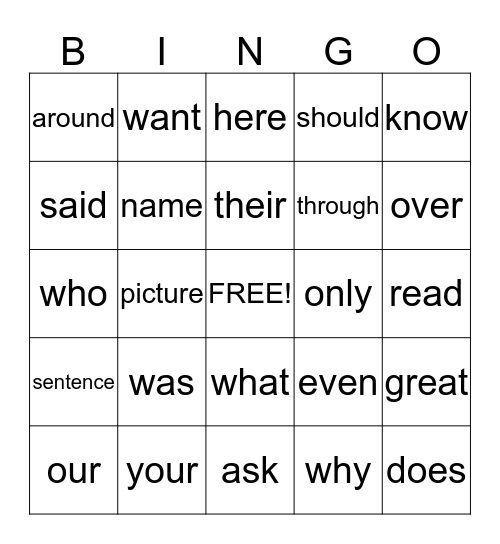 Sighto "Sight Words" Bingo Card