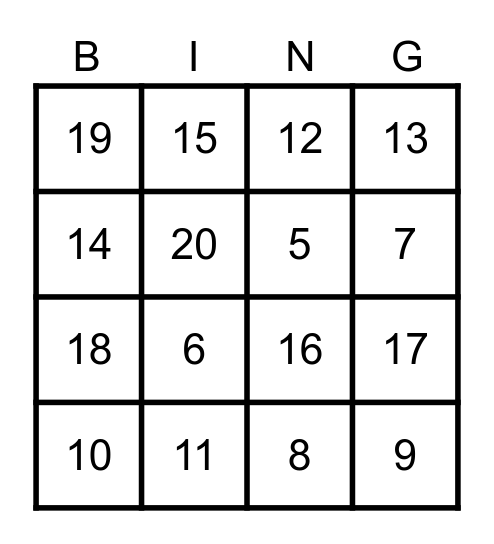 teen number bingo Card