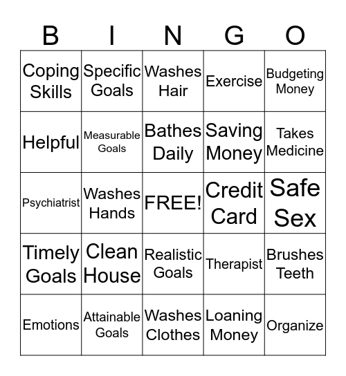 Independent Living Bingo Card