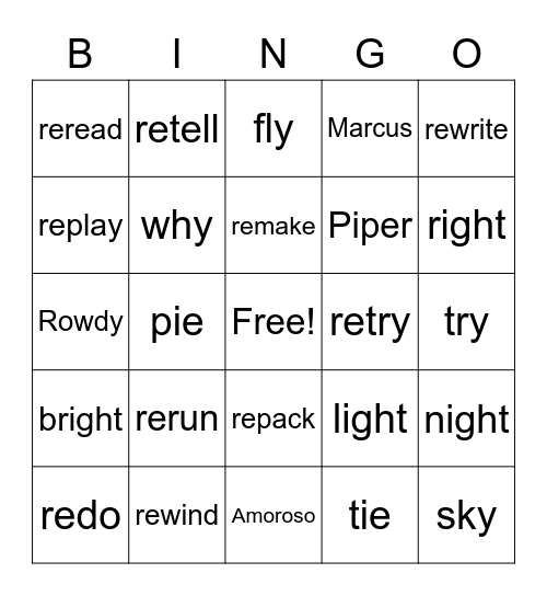 Prefix RE Bingo Card