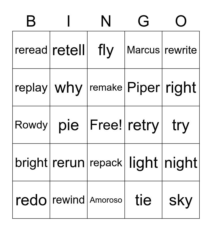 Prefix RE Bingo Card
