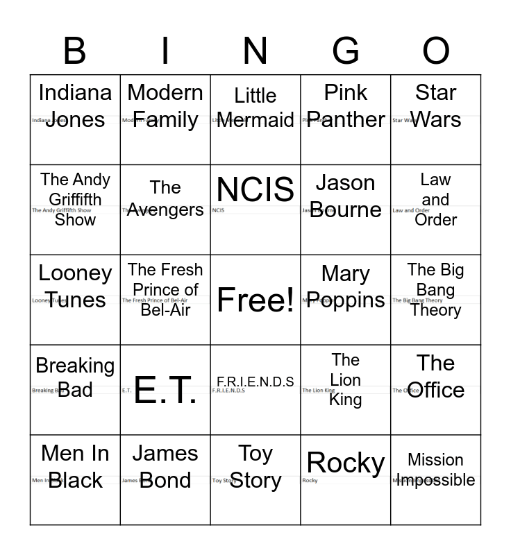 Movie TV Show Themes Bingo Card Movie TV Show Themes Bingo Card