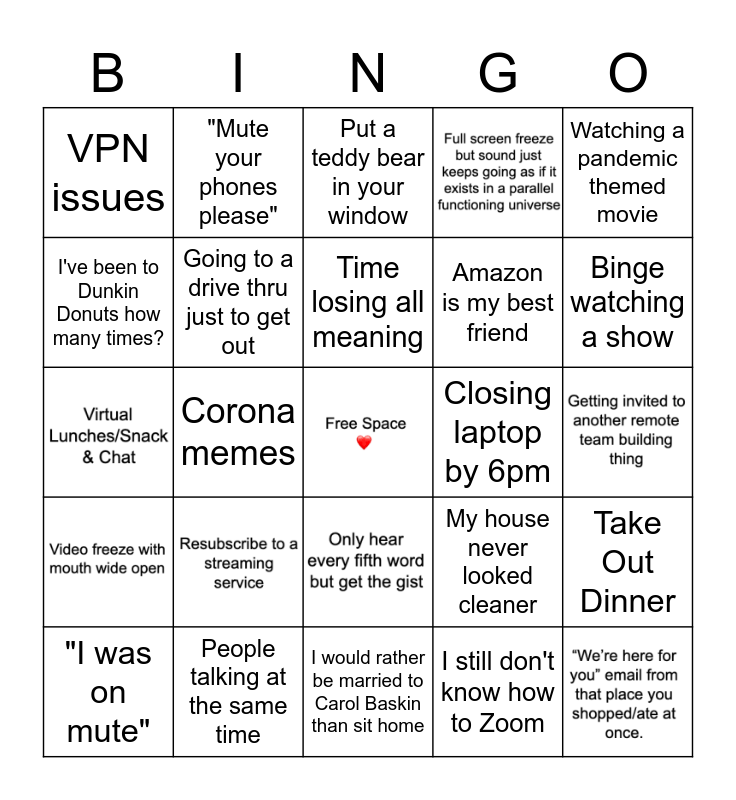 Remote Work Bingo Card
