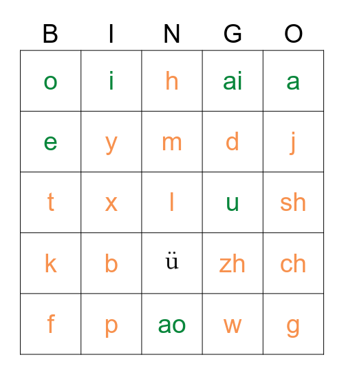 拼音pinyin Bingo Card