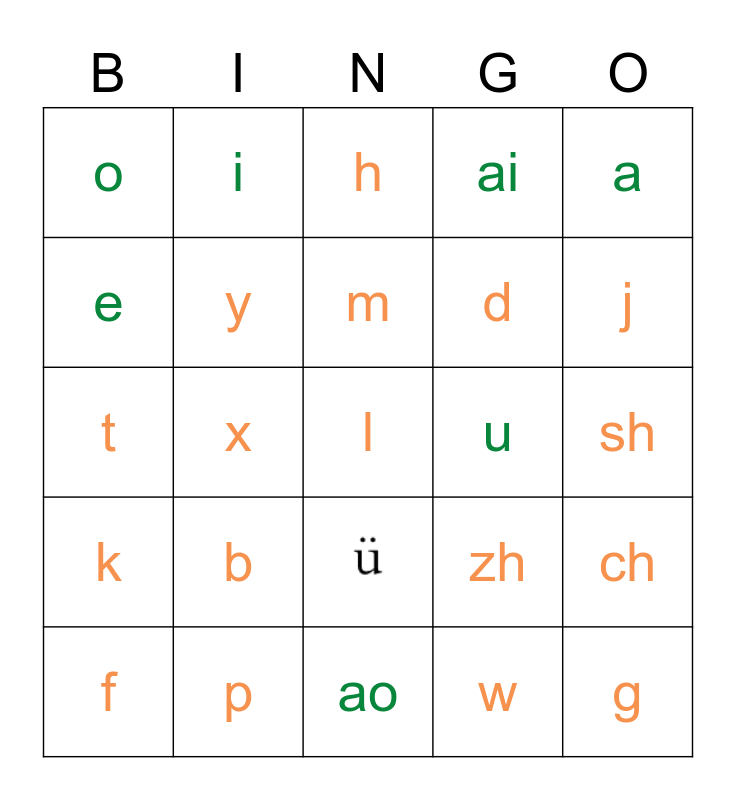 拼音pinyin Bingo Card