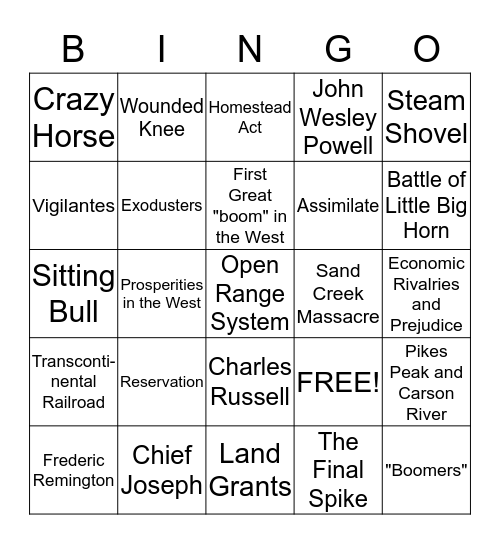 Westward Expansion/ Transforming the West Bingo Card