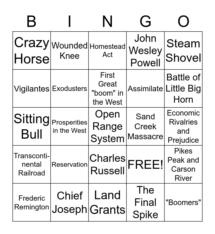 Westward Expansion/ Transforming the West Bingo Card