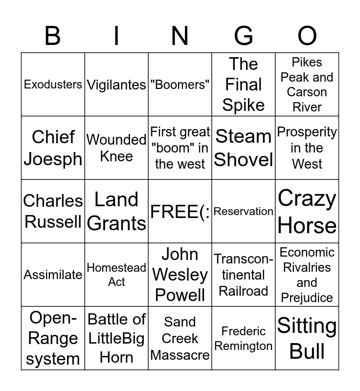 Westward Expansion/ Transforming the West Bingo Card