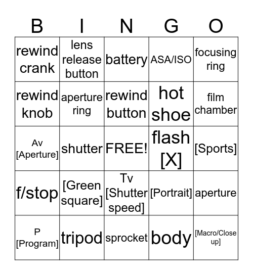 CAMERA Bingo Card
