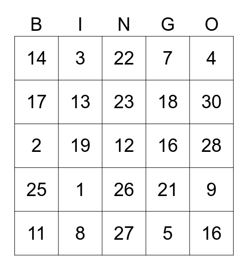 Bingo 1 - 30 Bingo Card