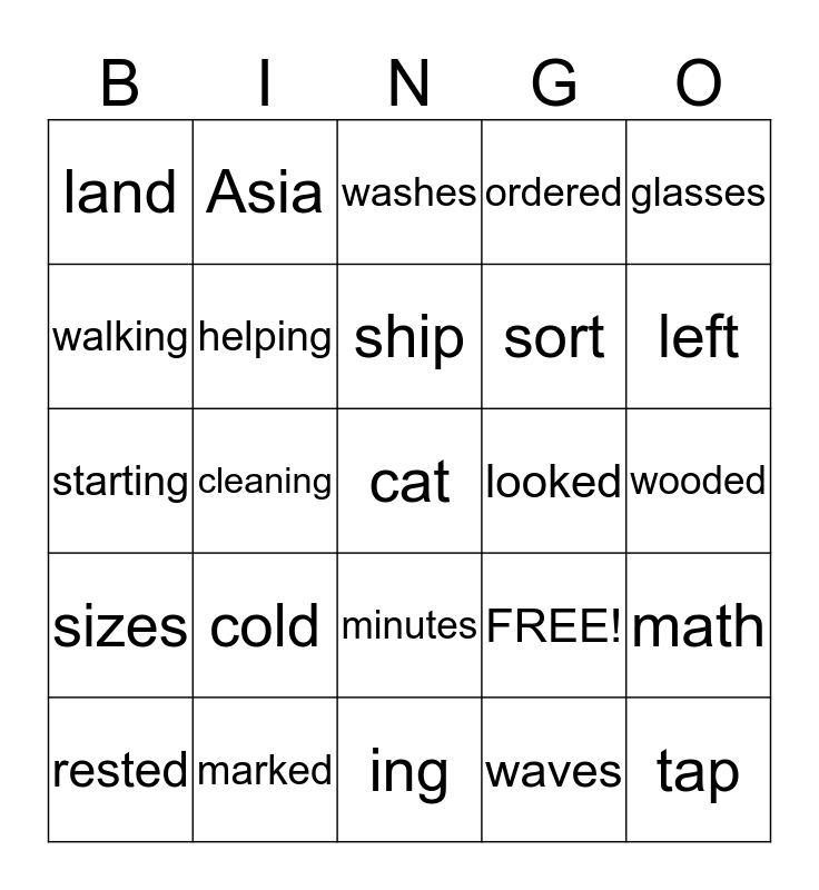Words Their Way Bingo Card