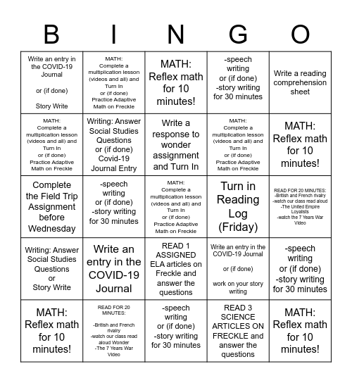 Week 5 BINGO - Grade 4 Bingo Card