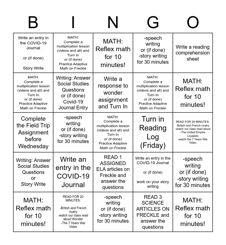 Week 5 BINGO - Grade 4 Bingo Card