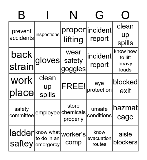 saftey Bingo Card