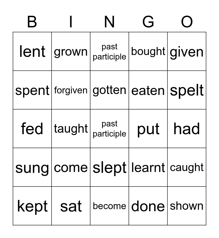 Irregular Verbs Past Tense Bingo Card