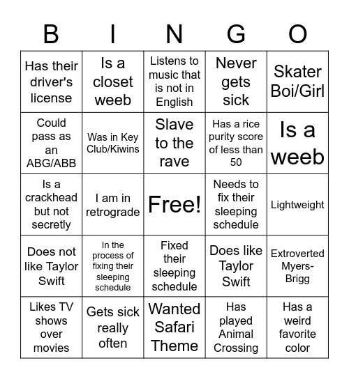 Speed Dating Bingo Card