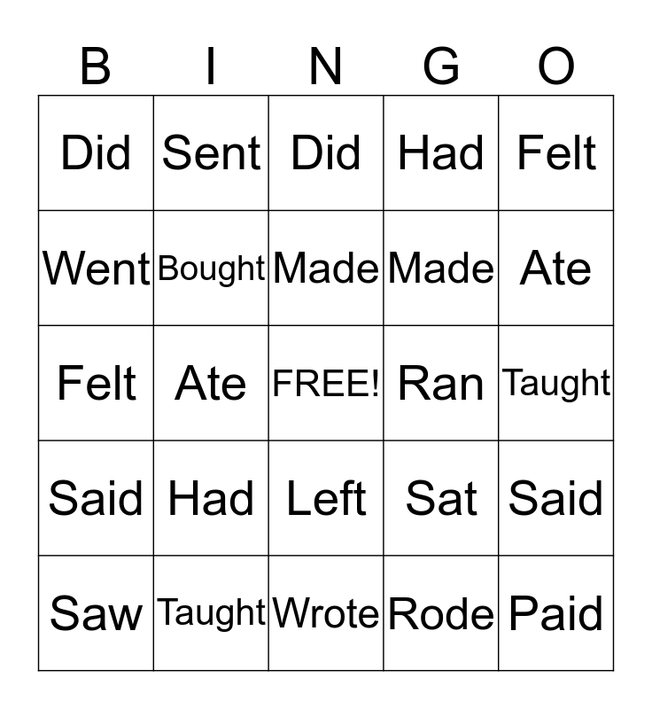 Simple Past Tense Bingo Card