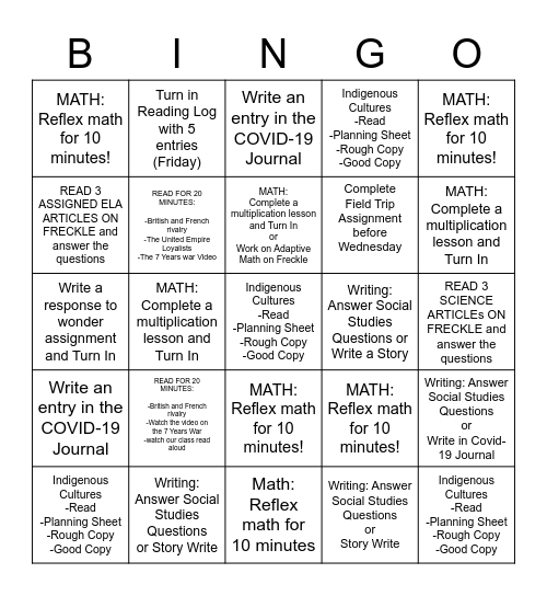Week 5 BINGO - Grade 3 Bingo Card