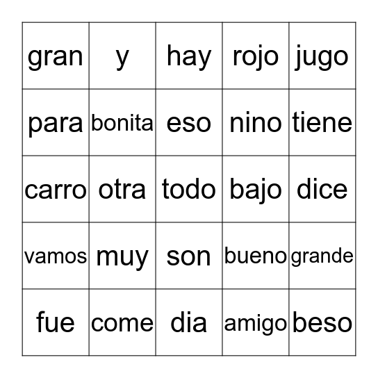 50 palabras frecuentes (2da serie) Bingo Card