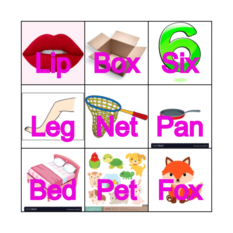 Short Vowels Sounds Bingo Card
