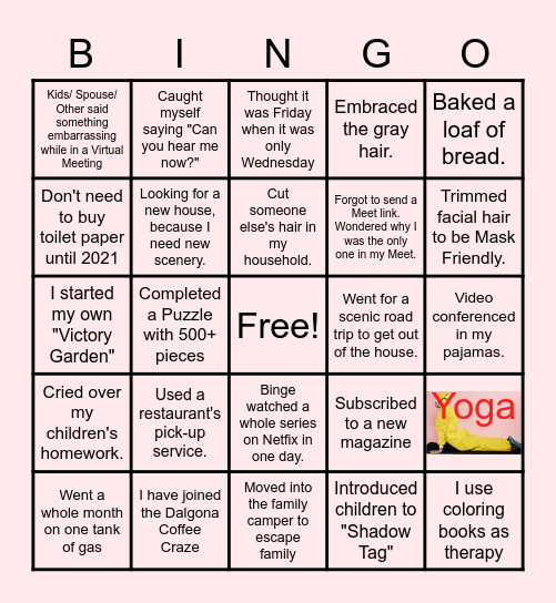 "Social Distancing" Bingo Card
