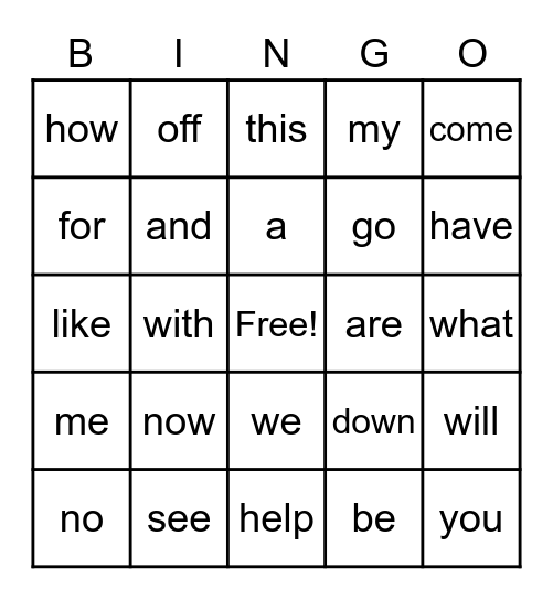 Kindergarten Bingo Card