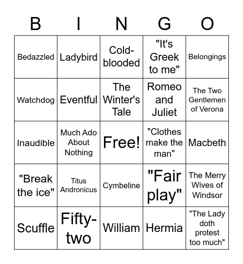 Shakespeare Bingo Card