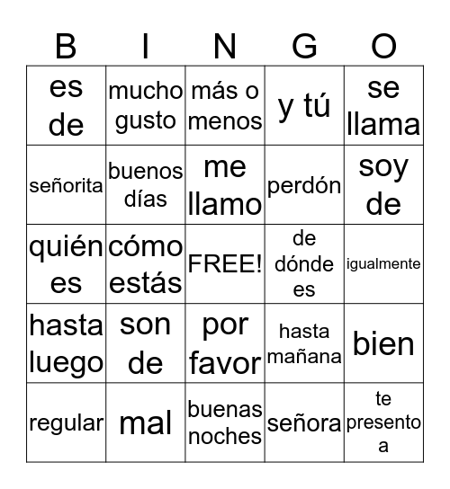 Spanish Bingo Card