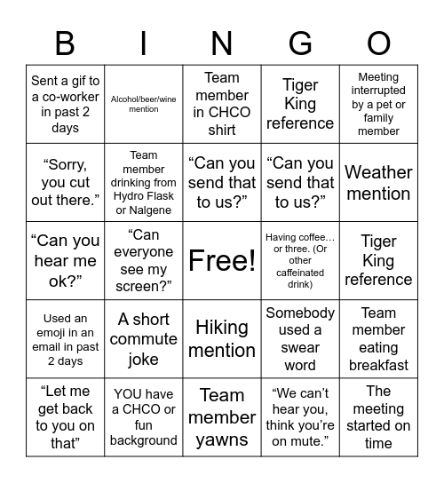 AT Remote Meeting Bingo Card