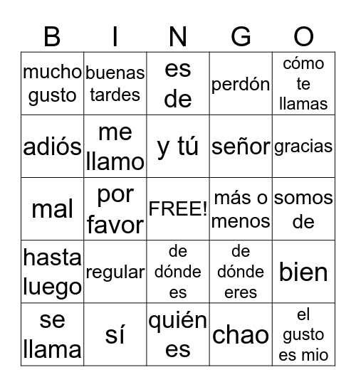 Spanish Bingo Card