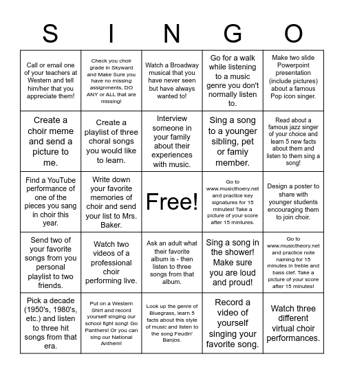 Choir Singo!!!! Bingo Card