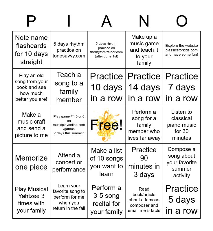 Summer Music Fun! Bingo Card