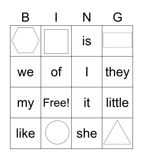 Shapes & Sight Words Bingo Card