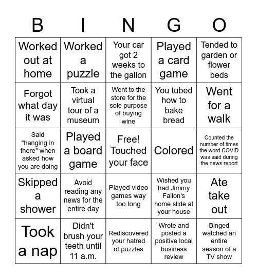 Stay Home Bingo Card