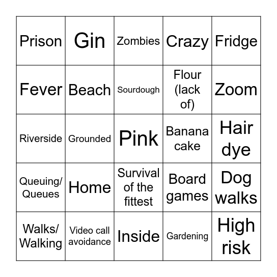 Lockdown Experience Bingo Card