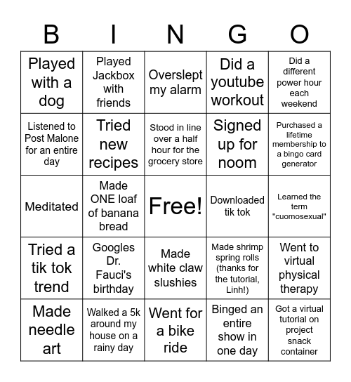 Quarantine Activities Bingo Card