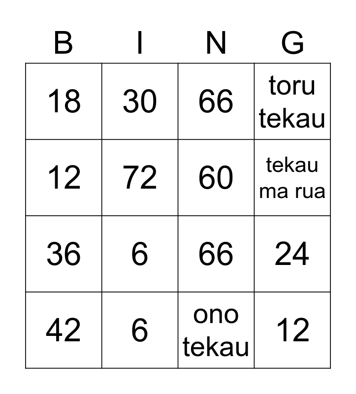 whakarea 6 Bingo Card