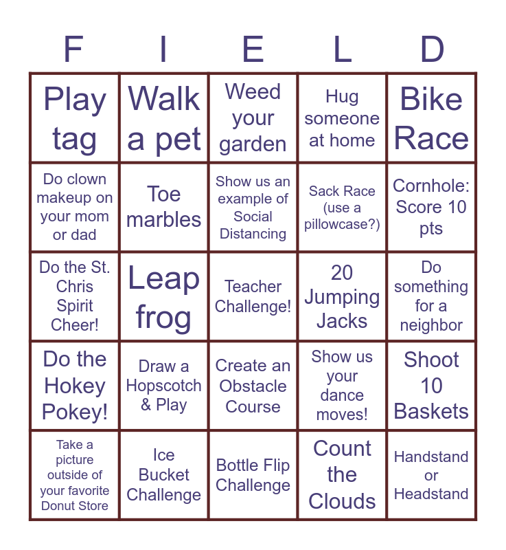 Field Day 2020 Bingo Card