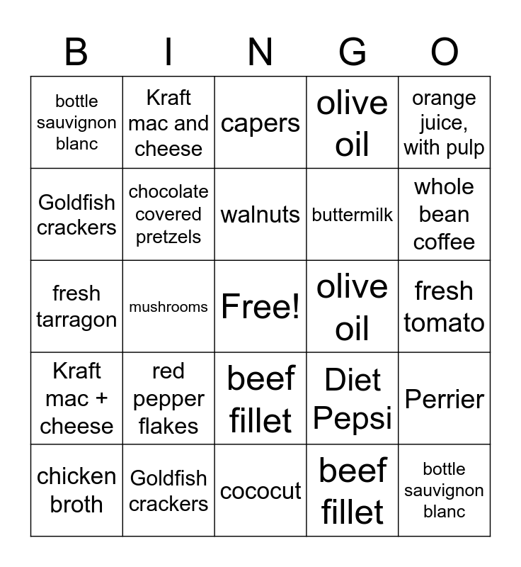 Pantry Bingo Card