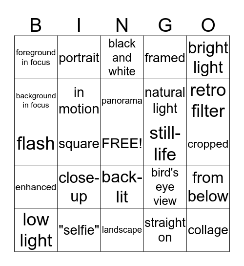 Photography Bingo Card
