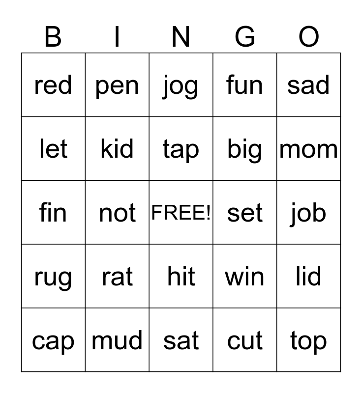 CVC Words Bingo Card