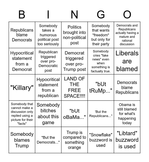Facebook Comment:Political Edition Bingo Card