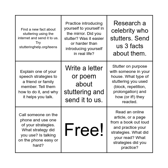 Fluency Bingo Card