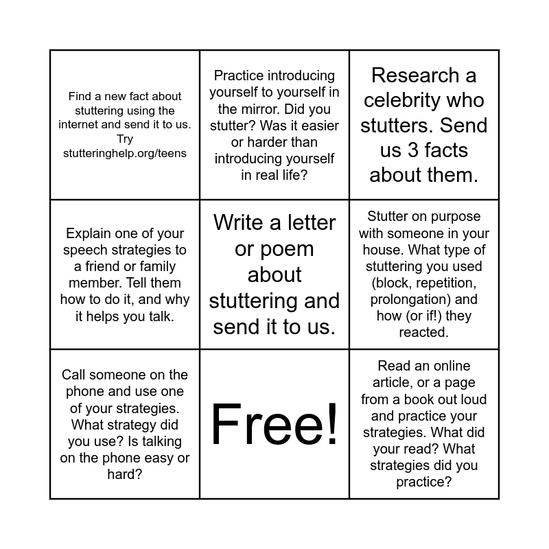 Fluency Bingo Card